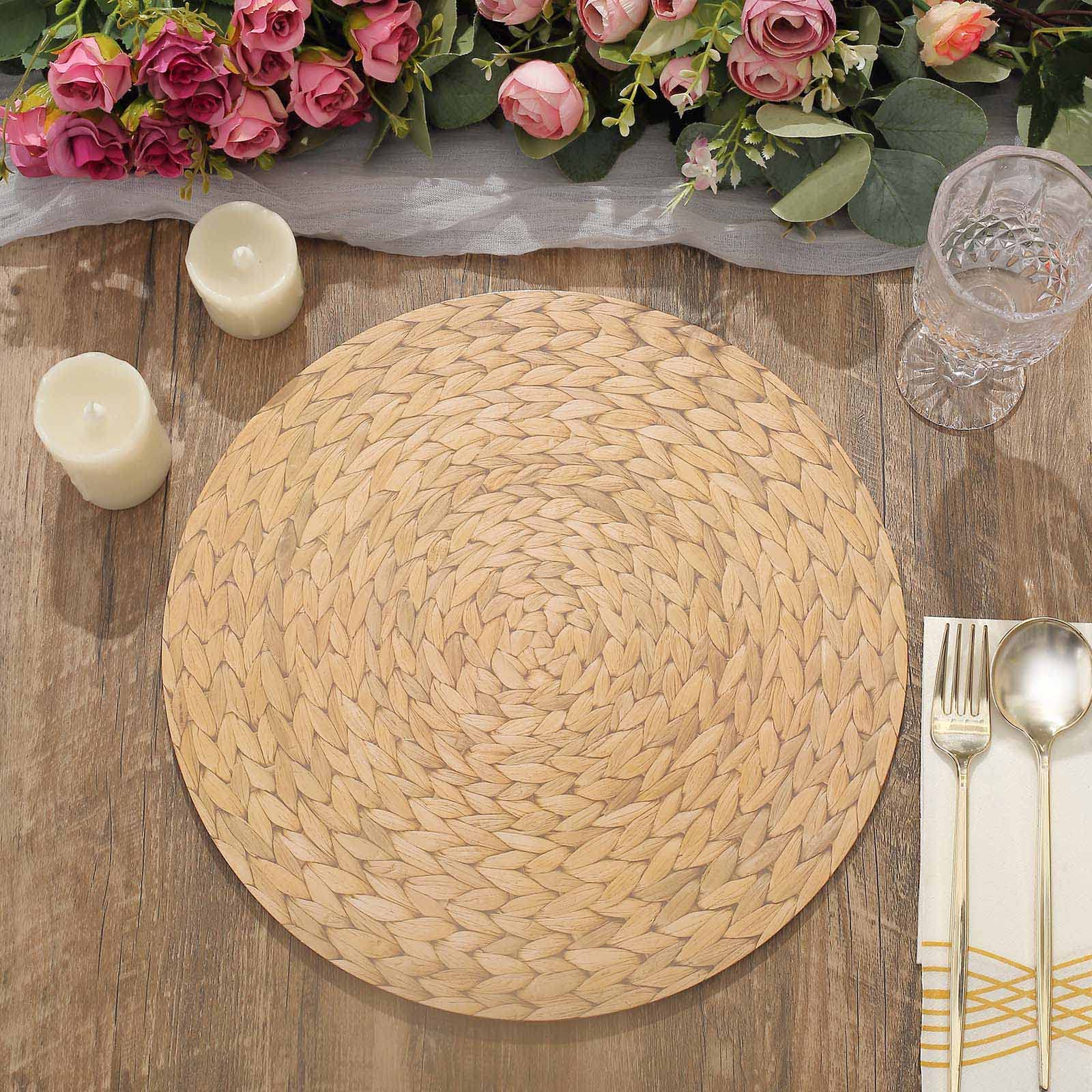 Efavormart 6 Pack | 13" Natural Woven Rattan Design Disposable Serving Trays, Round Paper Charger Plates