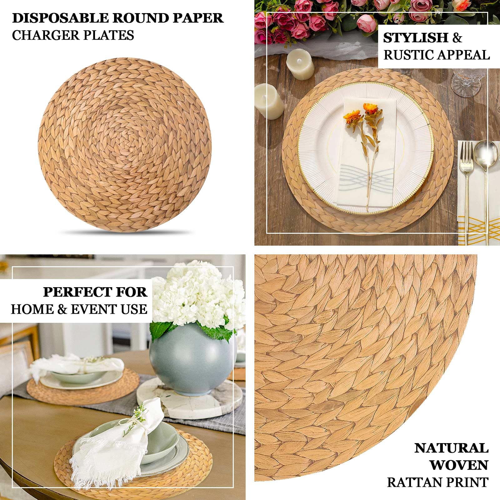 Efavormart 6 Pack | 13" Natural Woven Rattan Design Disposable Serving Trays, Round Paper Charger Plates