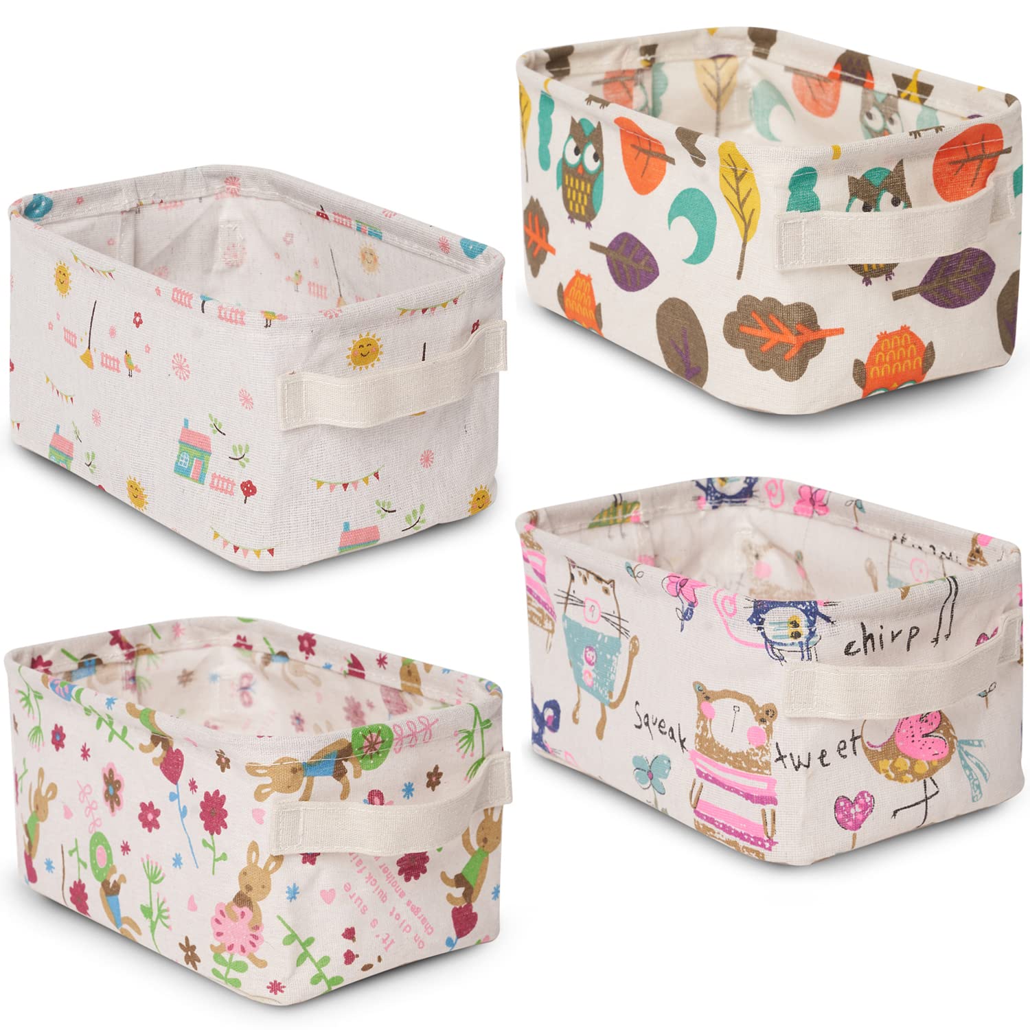 EZOWare 4 Pcs Small Foldable Storage Bins Baskets, Collapsible Cute Fabric Shelf Organizer Containers with Handles for Bathroom Toys Nursery Kids Toddlers Home - Mixed Characters, 10 x 6.5 x 5 inch