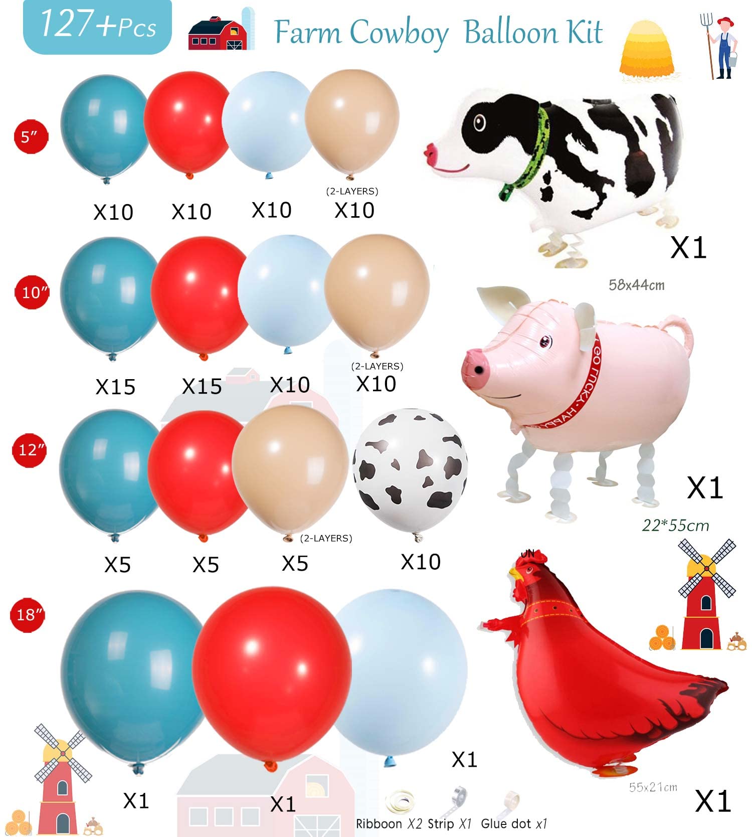 Cow Balloon Garland Arch Kit Western Cowboy blue red Farm animal print Balloons Farm theme birthday for Boy party my first rodeo party decorations