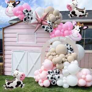 Pink Cow Balloon Garland Kit Cow Print and Pastel Pink White Tan Cowgirl Balloons for Girl my first rodeo birthday party decorations holy cow im one supplies