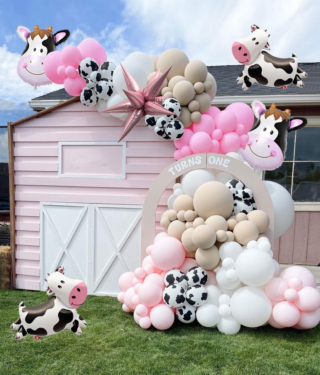 Pink Cow Balloon Garland Kit Cow Print and Pastel Pink White Tan Cowgirl Balloons for Girl my first rodeo birthday party decorations holy cow im one supplies