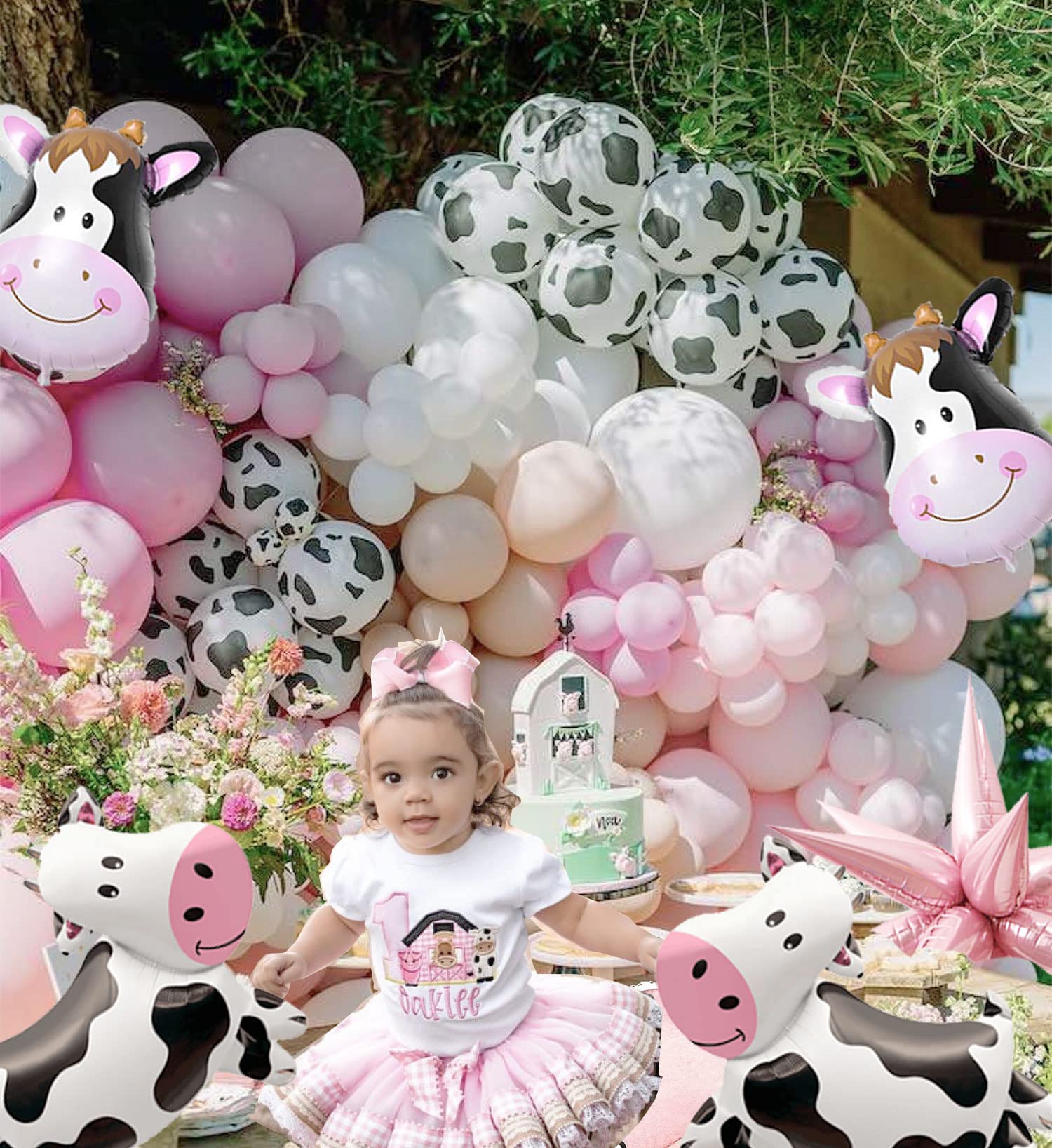 Pink Cow Balloon Garland Kit Cow Print and Pastel Pink White Tan Cowgirl Balloons for Girl my first rodeo birthday party decorations holy cow im one supplies