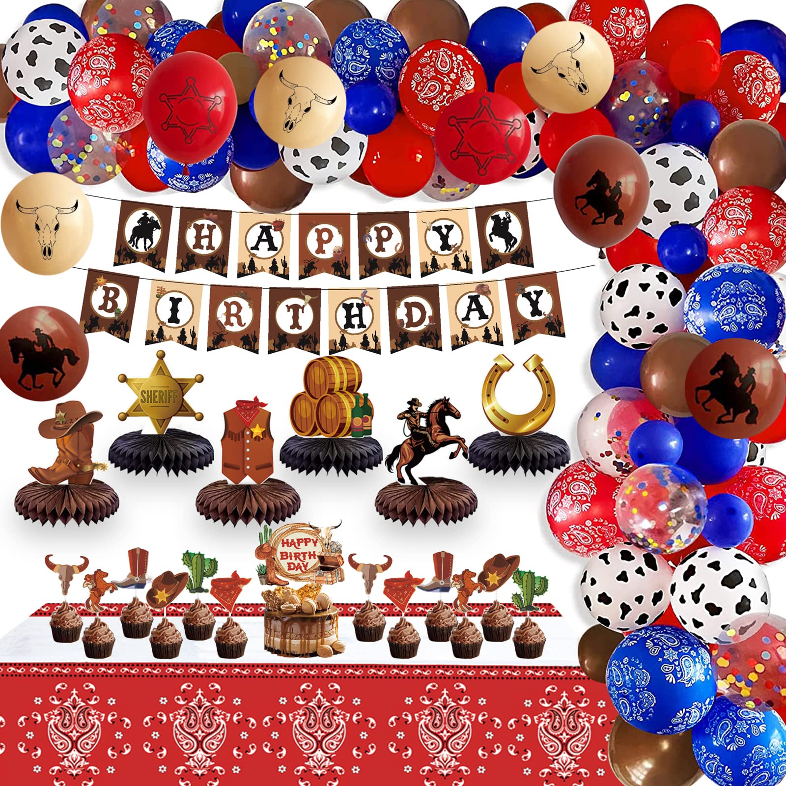 133pcs Western Cowboy Birthday Party Decoration Supplies Western Themed Party Decorations include Balloon Arch Garland & Honeycomb Centerpieces Tablecloth Cake Toppers for Father's Day Decorations