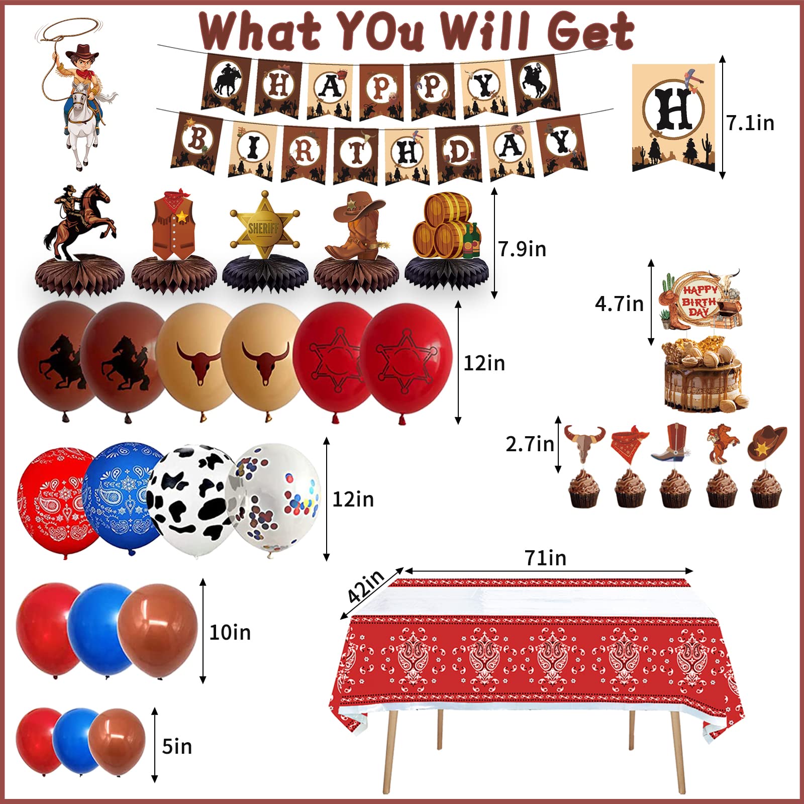 133pcs Western Cowboy Birthday Party Decoration Supplies Western Themed Party Decorations include Balloon Arch Garland & Honeycomb Centerpieces Tablecloth Cake Toppers for Father's Day Decorations