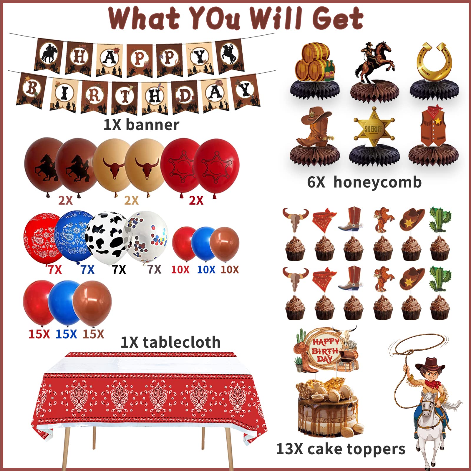 133pcs Western Cowboy Birthday Party Decoration Supplies Western Themed Party Decorations include Balloon Arch Garland & Honeycomb Centerpieces Tablecloth Cake Toppers for Father's Day Decorations