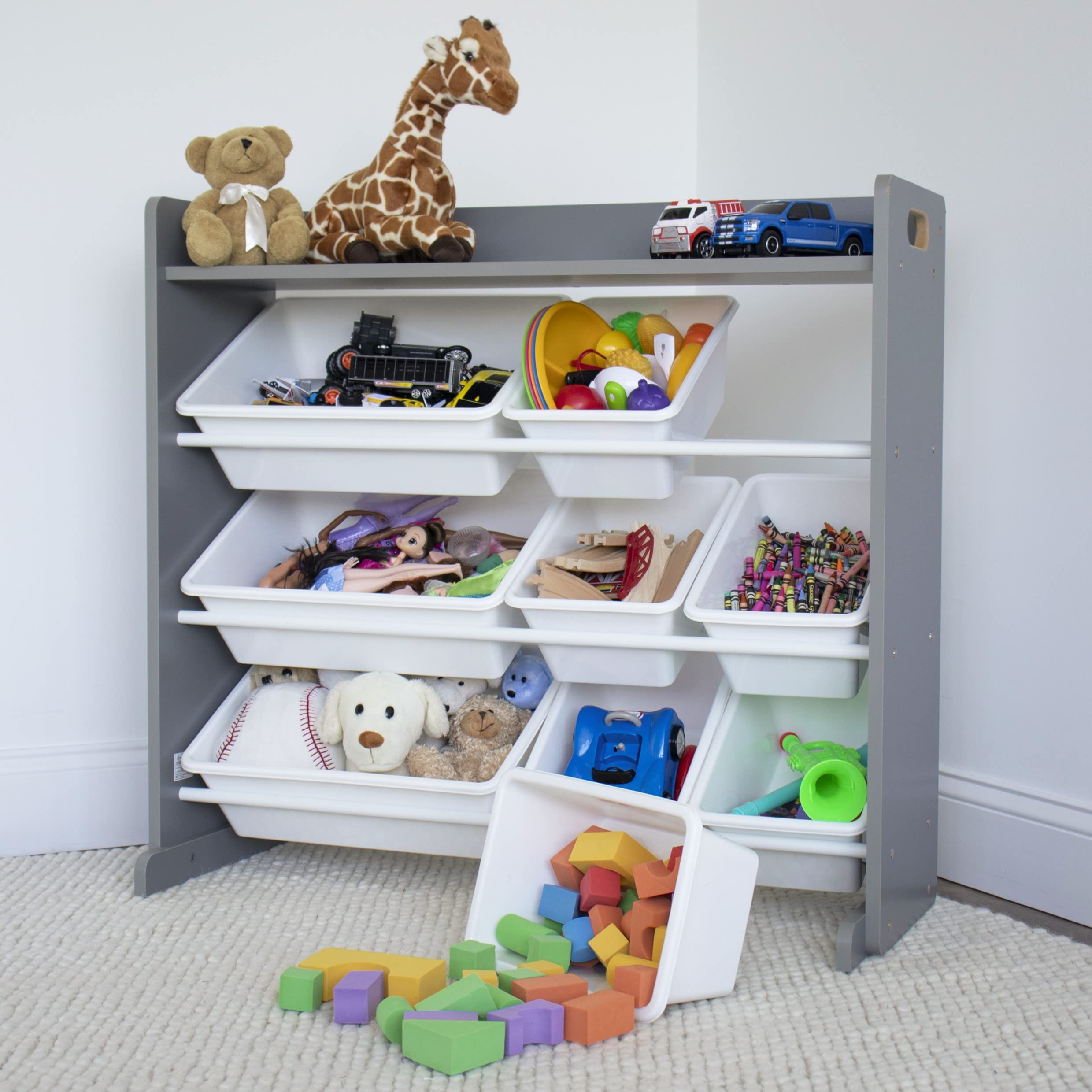 Humble Crew Kids Wood Table and 4 Chair Set, Grey & Inspire Toy Organizer with Shelf and 9 Storage Bins, Grey/White