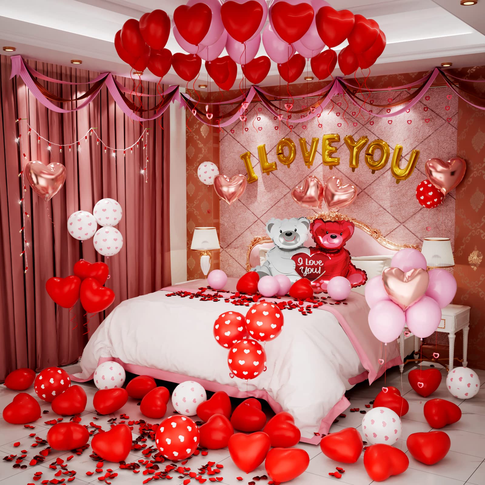 Wecepar Valentines Balloons Kit with I Love You Balloons Heart Balloon Bear Balloon Pink Balloons 1000pcs Rose Petals for Valentines Decorations Anniversary Proposal Romantic Decorations Special Night