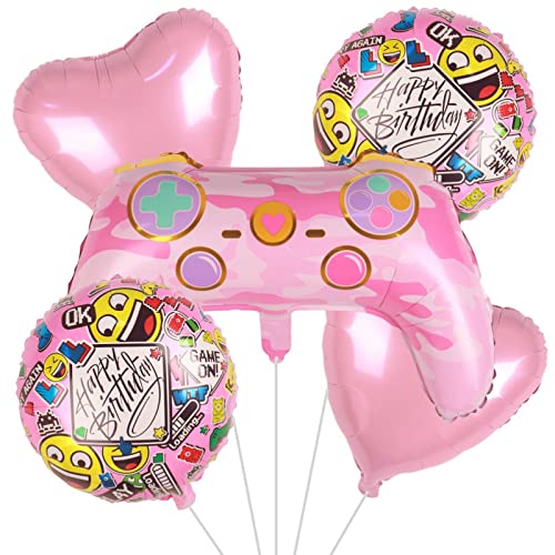 Video Game Balloon Pink Remote Controller Balloon Foil Mylar Gaming Balloons Gamepad Level Up Balloons for Girls Gamer Birthday Decorations Game On Gaming Theme Party Supplies, 5 Pack