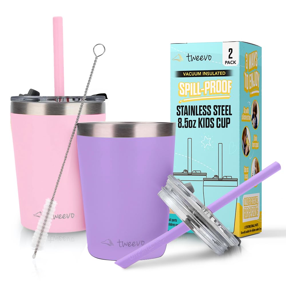 tweevo Sippy Cups For Toddlers 1-3 - Spill Proof Toddler Cups w/Screw Lids - Stainless Steel Kids Cups With Straws and Lids Leak Proof - 2 Pack (Pink & Purple, 8.5oz)