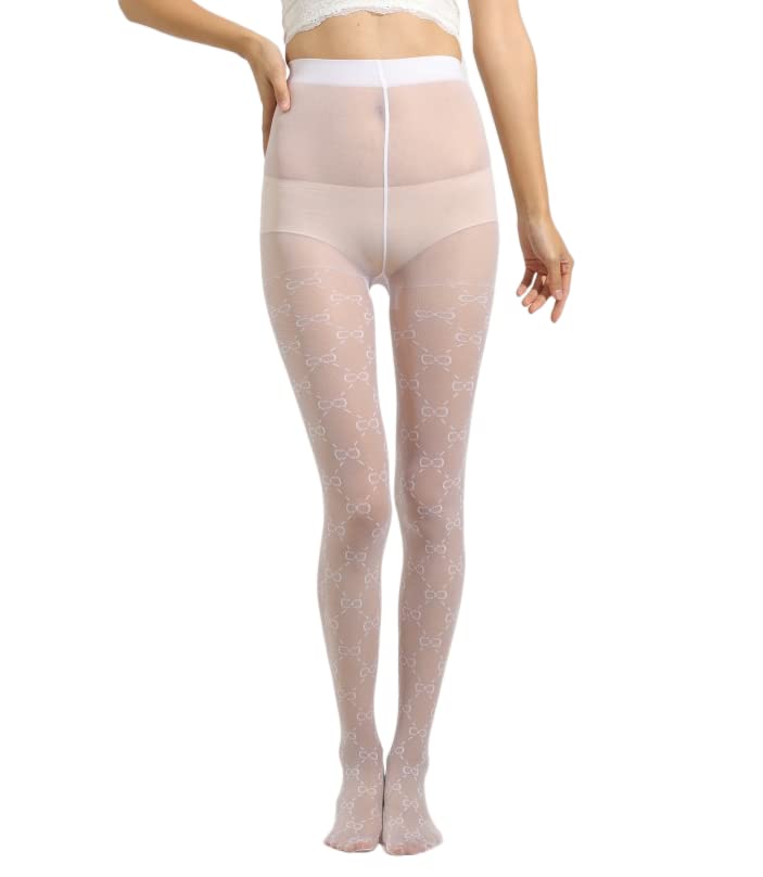 Sahabowi Women's Sexy Sheer Tights, High Waist Pantyhose, Vintage Control Top Stockings, CC Silk Jacquard White(LW2022111242,1pcs)