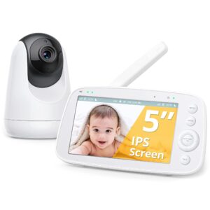 Video Baby Monitor, 5” Split Screen Video Baby Camera with 720P Resolution, Pan-Tilt-Zoom Camera and Audio with Two-Way Talk, VOX Mode, 4500mAh Battery, Auto Night Vision, No Wi-Fi, 5 Lullabies