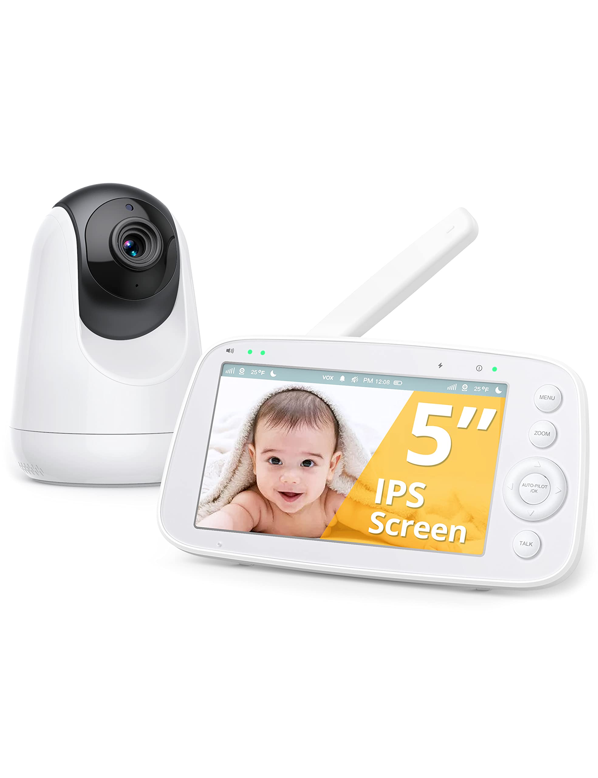 Video Baby Monitor, 5” Split Screen Video Baby Camera with 720P Resolution, Pan-Tilt-Zoom Camera and Audio with Two-Way Talk, VOX Mode, 4500mAh Battery, Auto Night Vision, No Wi-Fi, 5 Lullabies