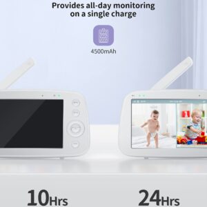 Video Baby Monitor, 5” Split Screen Video Baby Camera with 720P Resolution, Pan-Tilt-Zoom Camera and Audio with Two-Way Talk, VOX Mode, 4500mAh Battery, Auto Night Vision, No Wi-Fi, 5 Lullabies