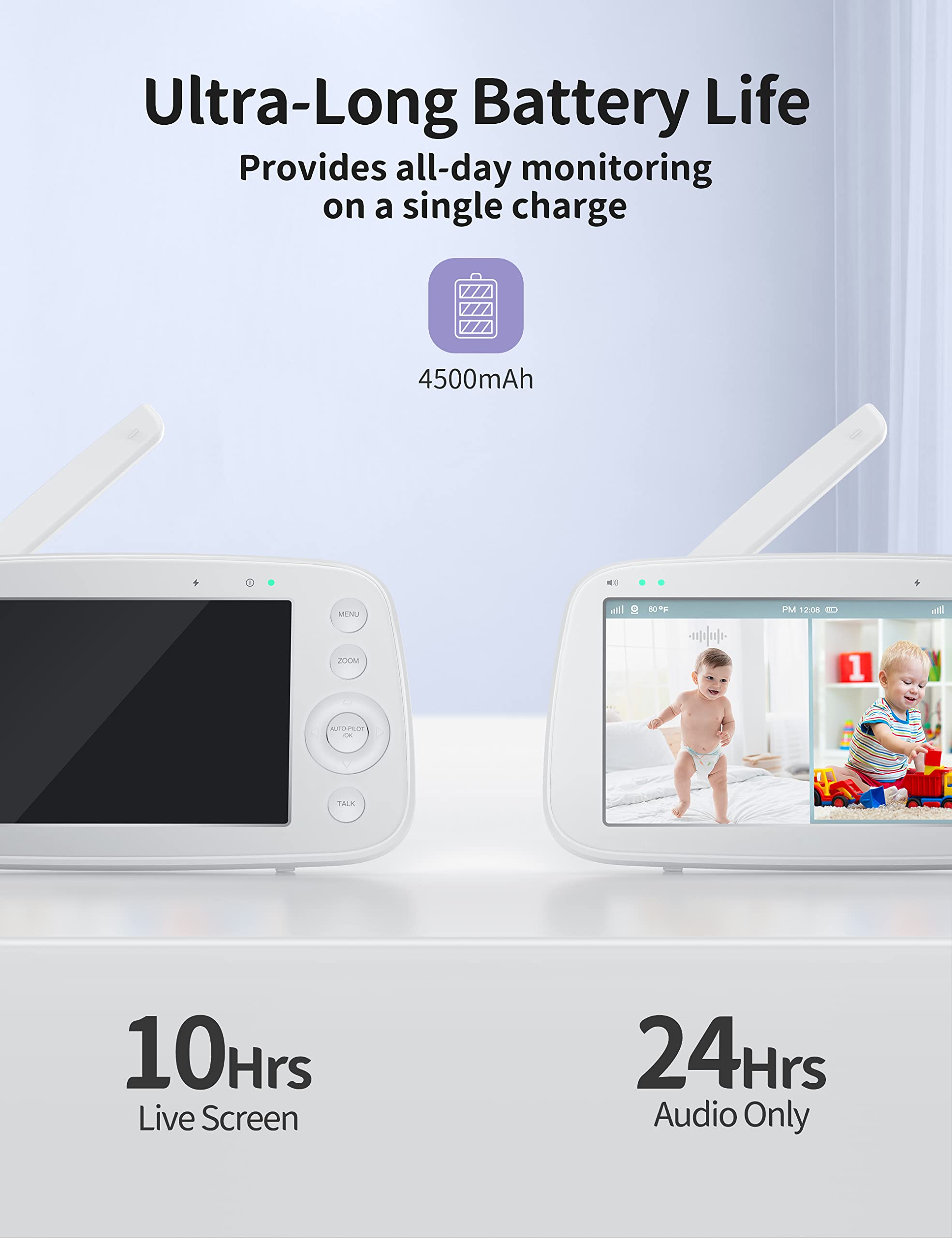 Video Baby Monitor, 5” Split Screen Video Baby Camera with 720P Resolution, Pan-Tilt-Zoom Camera and Audio with Two-Way Talk, VOX Mode, 4500mAh Battery, Auto Night Vision, No Wi-Fi, 5 Lullabies