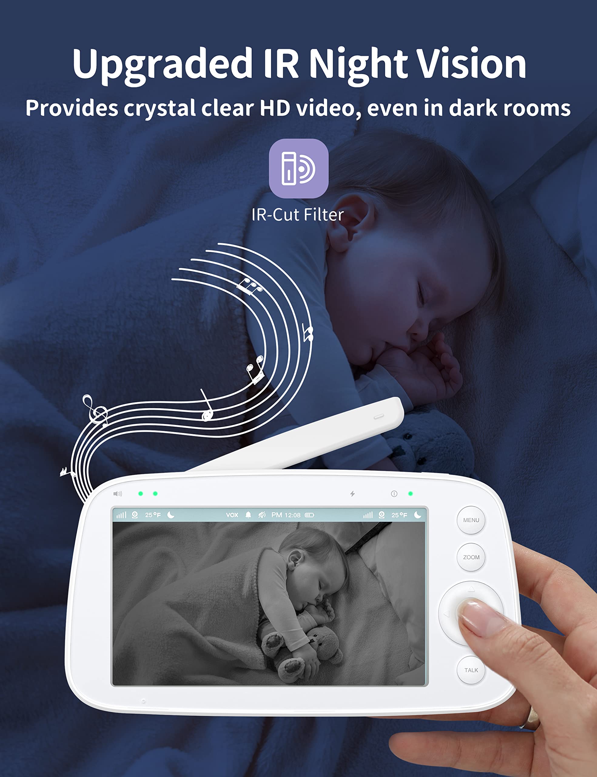 Video Baby Monitor, 5” Split Screen Video Baby Camera with 720P Resolution, Pan-Tilt-Zoom Camera and Audio with Two-Way Talk, VOX Mode, 4500mAh Battery, Auto Night Vision, No Wi-Fi, 5 Lullabies