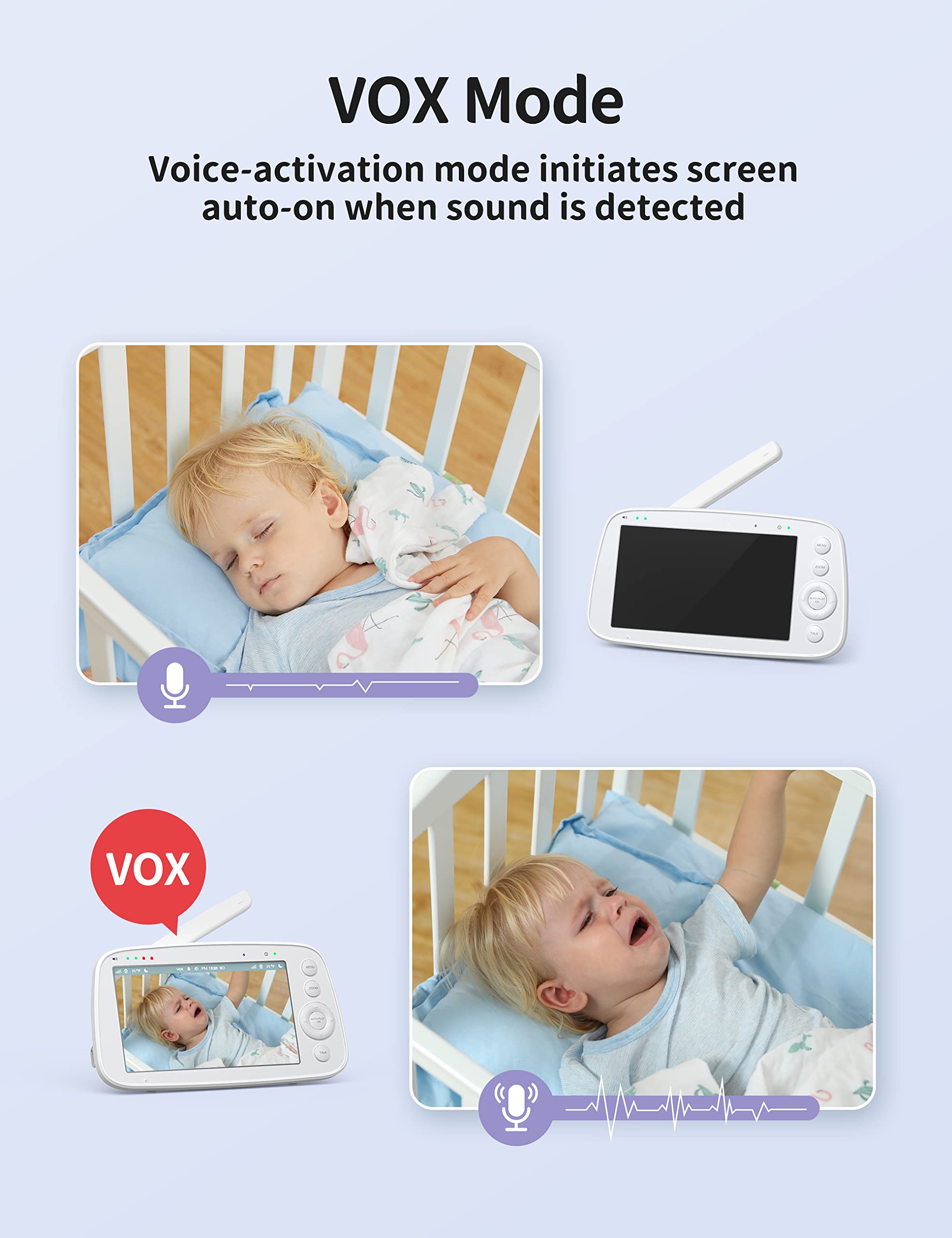 Video Baby Monitor, 5” Split Screen Video Baby Camera with 720P Resolution, Pan-Tilt-Zoom Camera and Audio with Two-Way Talk, VOX Mode, 4500mAh Battery, Auto Night Vision, No Wi-Fi, 5 Lullabies