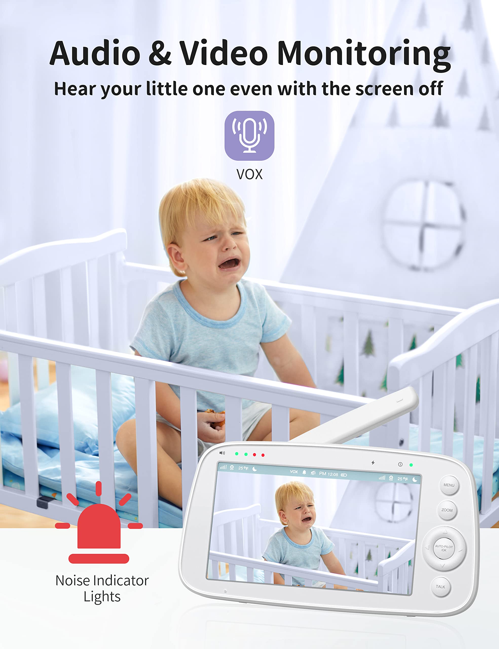 Video Baby Monitor, 5” Split Screen Video Baby Camera with 720P Resolution, Pan-Tilt-Zoom Camera and Audio with Two-Way Talk, VOX Mode, 4500mAh Battery, Auto Night Vision, No Wi-Fi, 5 Lullabies