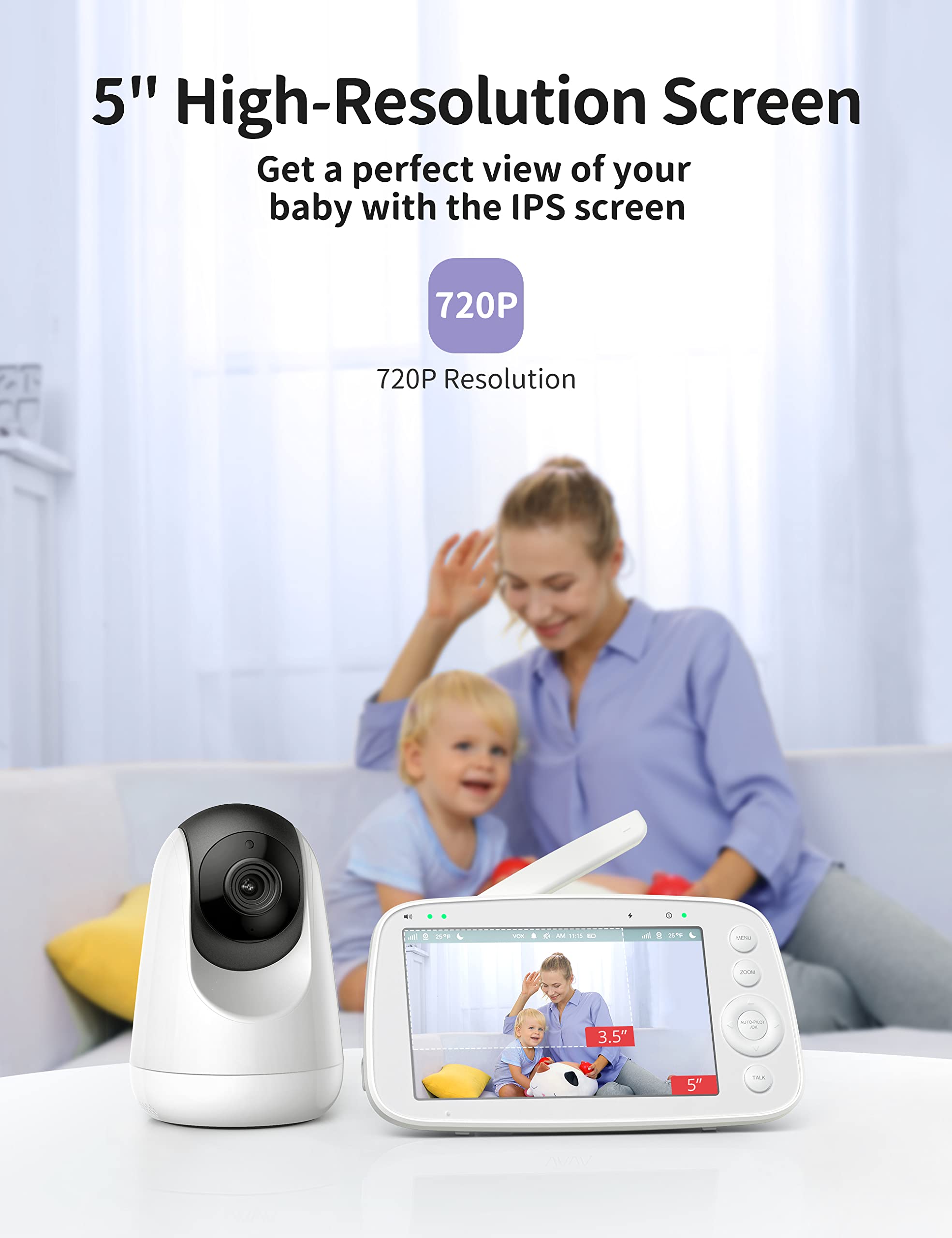 Video Baby Monitor, 5” Split Screen Video Baby Camera with 720P Resolution, Pan-Tilt-Zoom Camera and Audio with Two-Way Talk, VOX Mode, 4500mAh Battery, Auto Night Vision, No Wi-Fi, 5 Lullabies