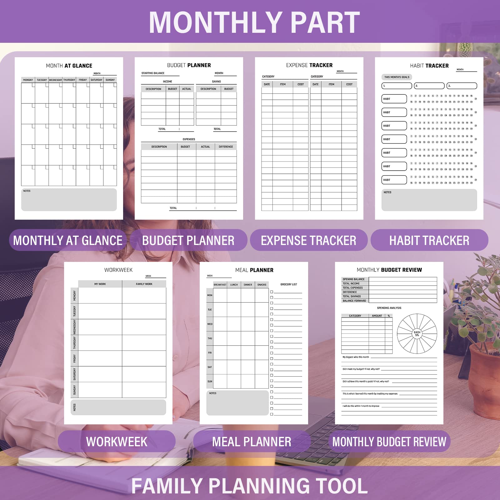 SIMPOR Home Planner, Monthly Financial Planner Organizer Budget Book with Expense Tracker, Work from Home Planner, Meal Planner, Family Organizer, Undated Planner 12 Months Schedule