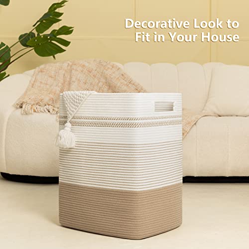 SIXDOVE Laundry Hamper, Large Woven Rope Tall Laundry Basket with Handles, 22" X 17" X 13", Decorative Storage Basket for Clothes and Blankets in Living room, Bedroom, Jute & White