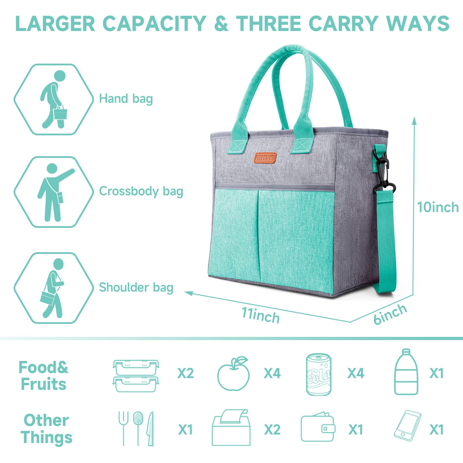 FITHOME Insulated Reusable Lunch Bag for Women/Men, Adult Thermal Tote Lunch Bag with Adjustable Crossbody Strap, Portable Leakproof Cooler Bags for Work/Picnic/Travel