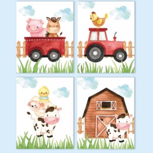 vicbou 4 pcs watercolor cute farm animals wall art prints nursery decor nursery wall decor farm animal lover gift posters for baby room playroom girls boys kids room decoration 8x10 in unframed