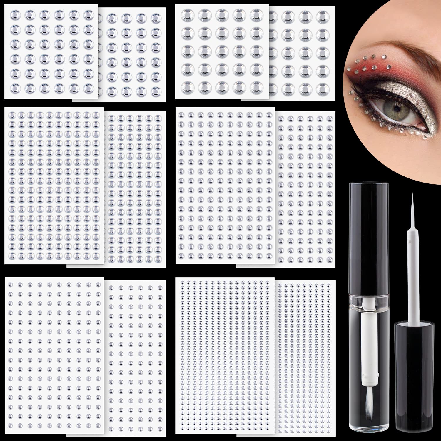 1982 Pcs of Rhinestone Stickers in 3/4/5/6/8/10mm Clear Self Adhesive Face Gems, Stick on Body Crystal Jewels with Quick Dry Makeup Glue for Face Eye Hair Nails Make up and Craft DIY Decorations