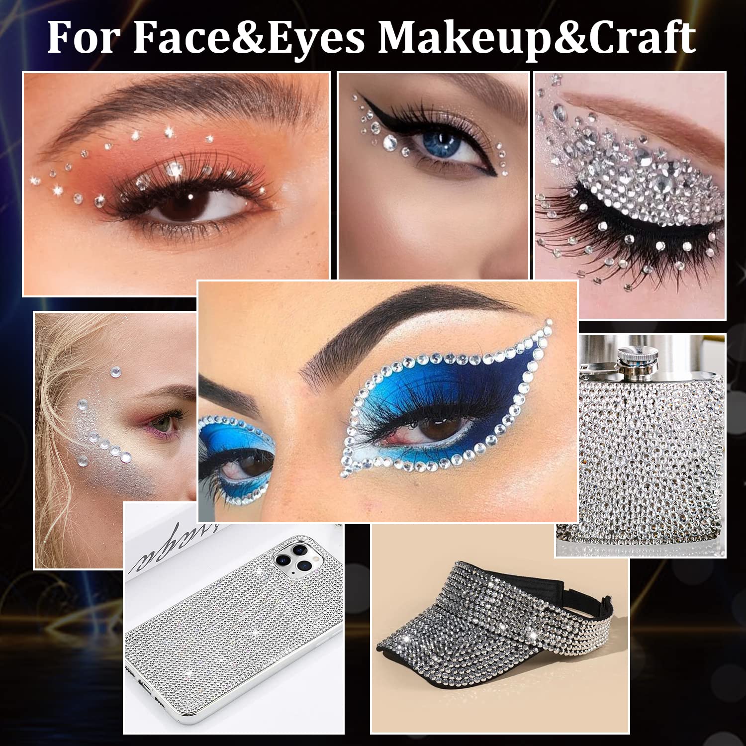 1982 Pcs of Rhinestone Stickers in 3/4/5/6/8/10mm Clear Self Adhesive Face Gems, Stick on Body Crystal Jewels with Quick Dry Makeup Glue for Face Eye Hair Nails Make up and Craft DIY Decorations