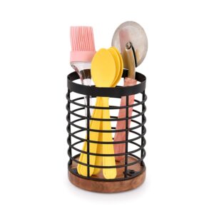 edhas black iron kitchen utensil holder with acacia wooden base round flatware storage for countertop (4.5" x 4.5" x 6")