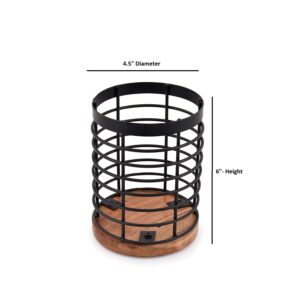 EDHAS Black Iron Kitchen Utensil Holder with Acacia Wooden Base Round Flatware Storage for Countertop (4.5" x 4.5" x 6")