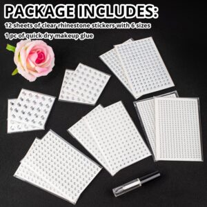 1982 Pcs of Rhinestone Stickers in 3/4/5/6/8/10mm Clear Self Adhesive Face Gems, Stick on Body Crystal Jewels with Quick Dry Makeup Glue for Face Eye Hair Nails Make up and Craft DIY Decorations