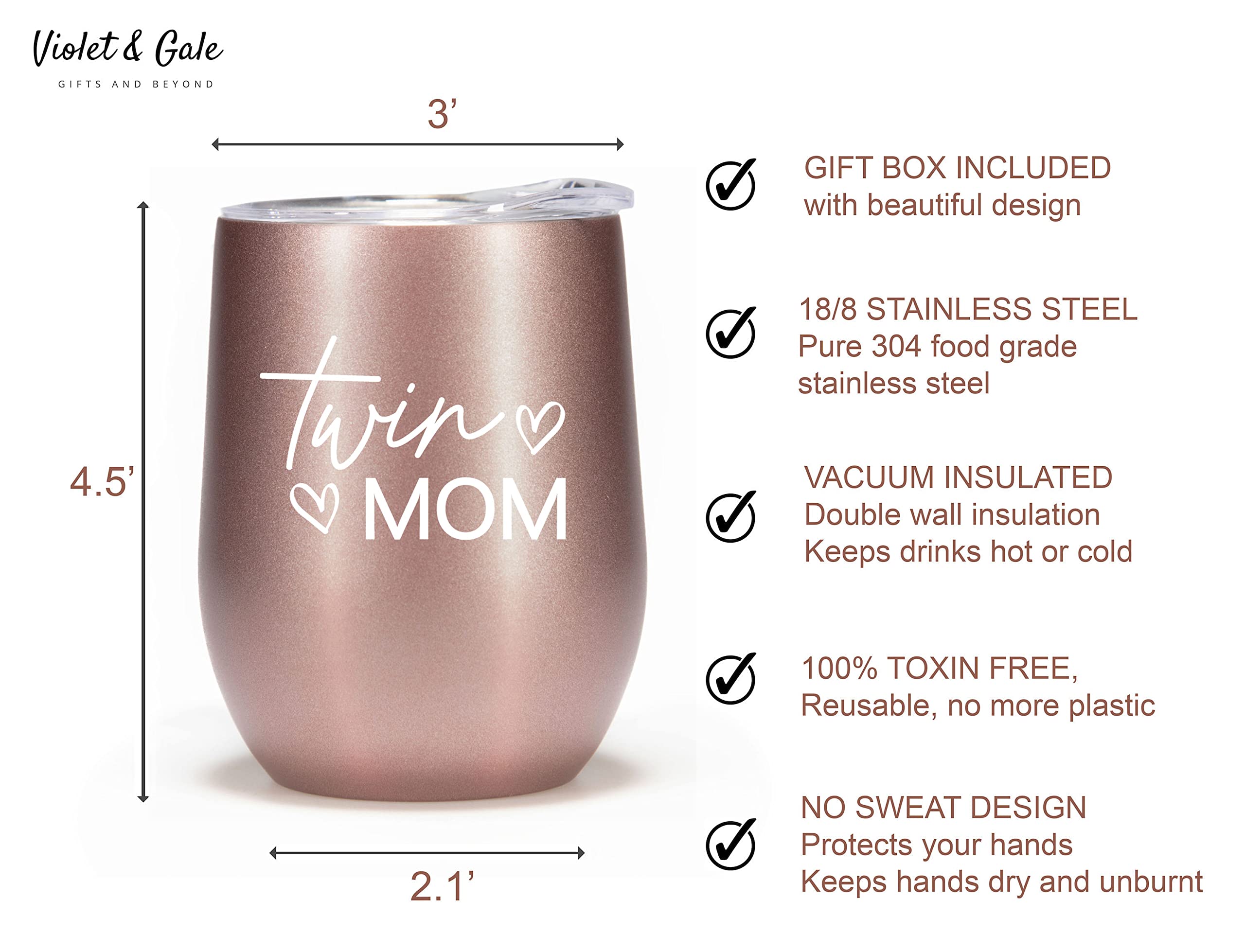 VIOLET & GALE Twin Mom Gifts - 12oz Tumbler Cup Wine Glass- Beautiful Coffee Mug For Mom of Twins, Twins Baby Gifts