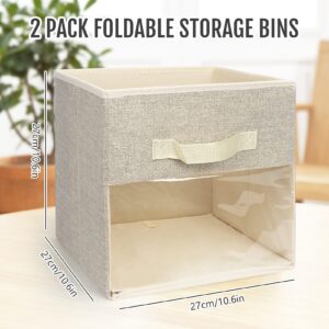 BiSiViO 11 Inch Fabric Cube Organizer, Foldable Cube Storage Bins Basket, Closet Organizers Box, Home Organizers with Window and Handle for Shelves, Closet, Kallax, Office, 2 Packs (Beige)