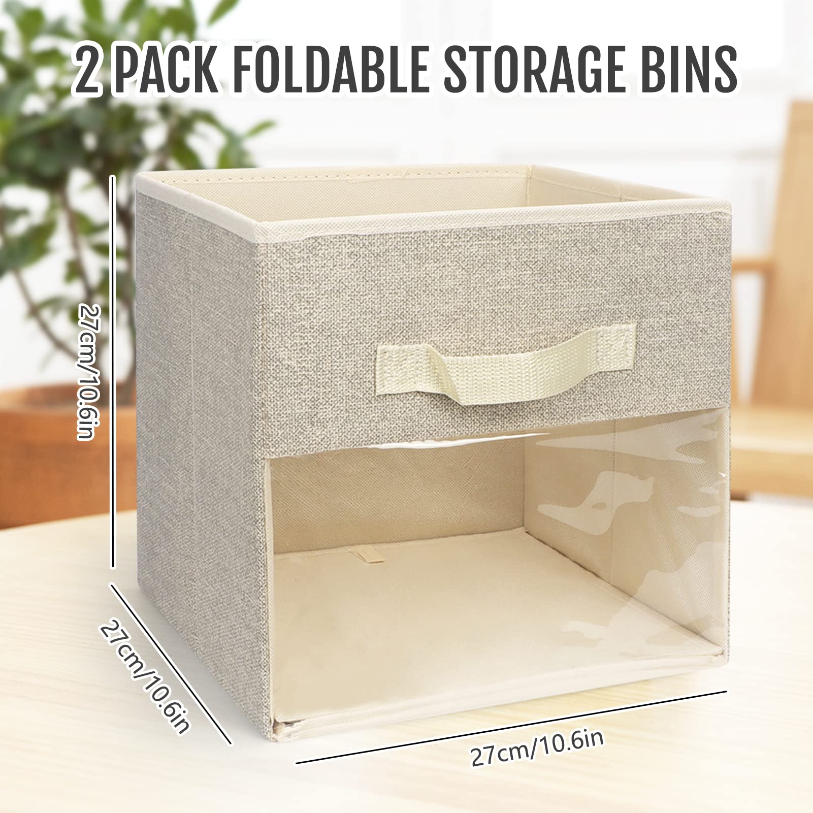 BiSiViO 11 Inch Fabric Cube Organizer, Foldable Cube Storage Bins Basket, Closet Organizers Box, Home Organizers with Window and Handle for Shelves, Closet, Kallax, Office, 2 Packs (Beige)