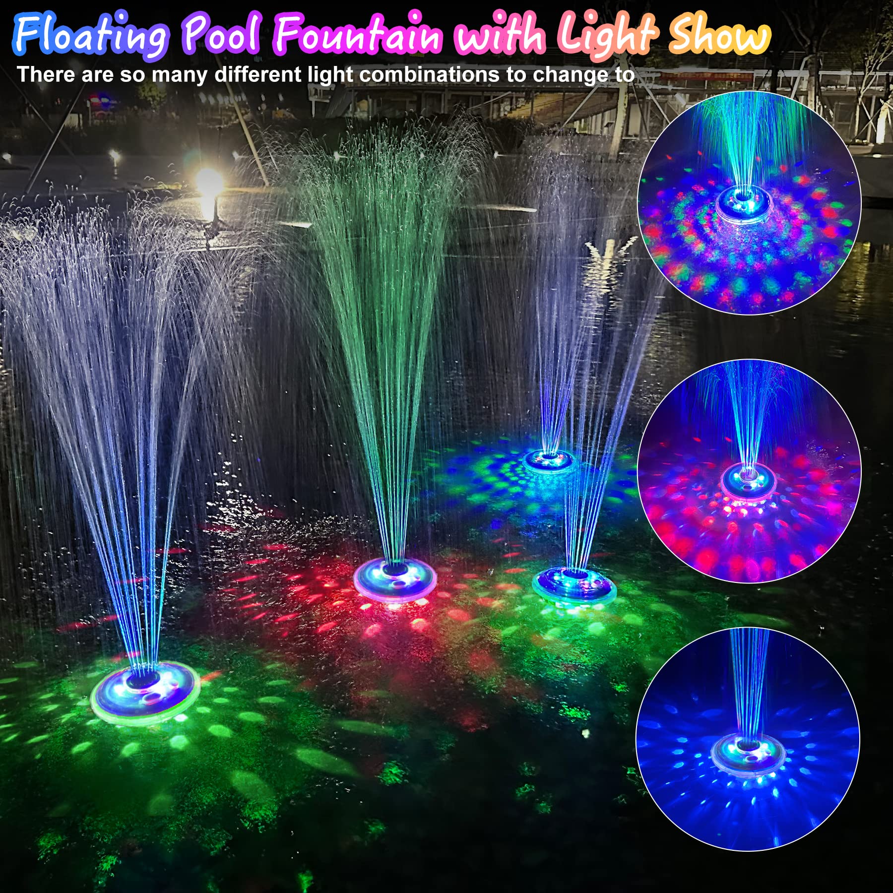 LanPool Floating Water Fountain with Underwater Lights, Rechargeable Battery Powered Pump Outdoor, 2 Modes Sprinkler Waterfall fountain for Inground Above Ground Pool, Pond-1PC