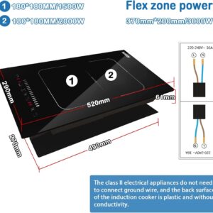 Karinear Induction Cooktop 2 Burners, 3500W 12'' Built-in Induction Stovetop with Flex Zone,Child Safety Lock, Timer, Pause, Slider Control Black Glass Electric Cooktop 220-240V Hard Wire