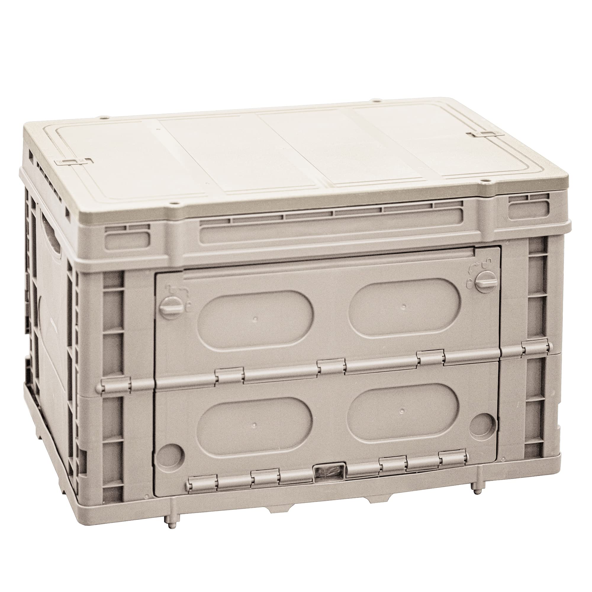 ROTIHOMSYS Collapsible Plastic Storage Crate, Folding and Stackable Utility Distribution Container with Lid, 62L Capacity Storage Bins, Pack of 1 (Beige)