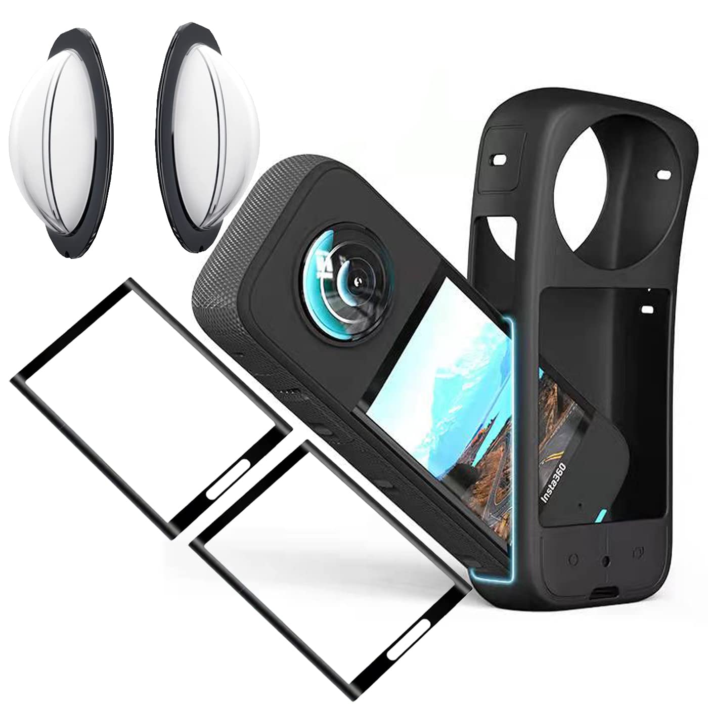 debous Sticky Lens Guard Set Silicone Case Screen Protector for Insta360 X3 X 3 Accessories Kit Anti-scratch Tempered Glass Protective Film Soft Bag Sleeve Cover