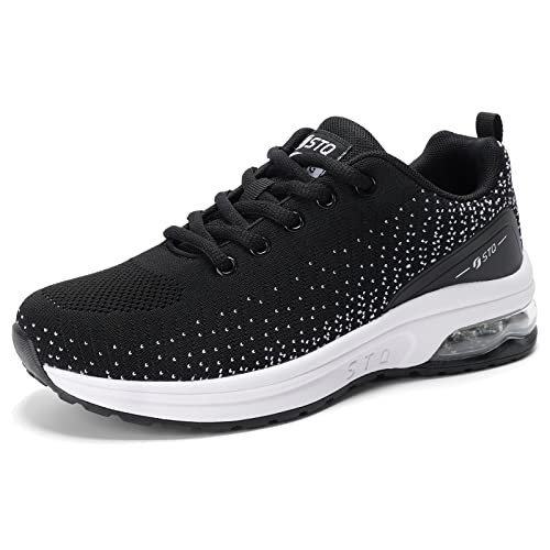 STQ Running Shoes Womens Lightweight Tennis Shoes Non Slip Gym Workout Shoes Breathable Mesh Walking Sneakers Black White 8.5