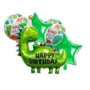 5Pcs 35 Inch Dinosaur Balloons Birthday Decoration for Kids Green Foil Happy Birthday Dino Balloon for Wild One Baby Shower Jungle Safari Animal World Themed Party Decoration