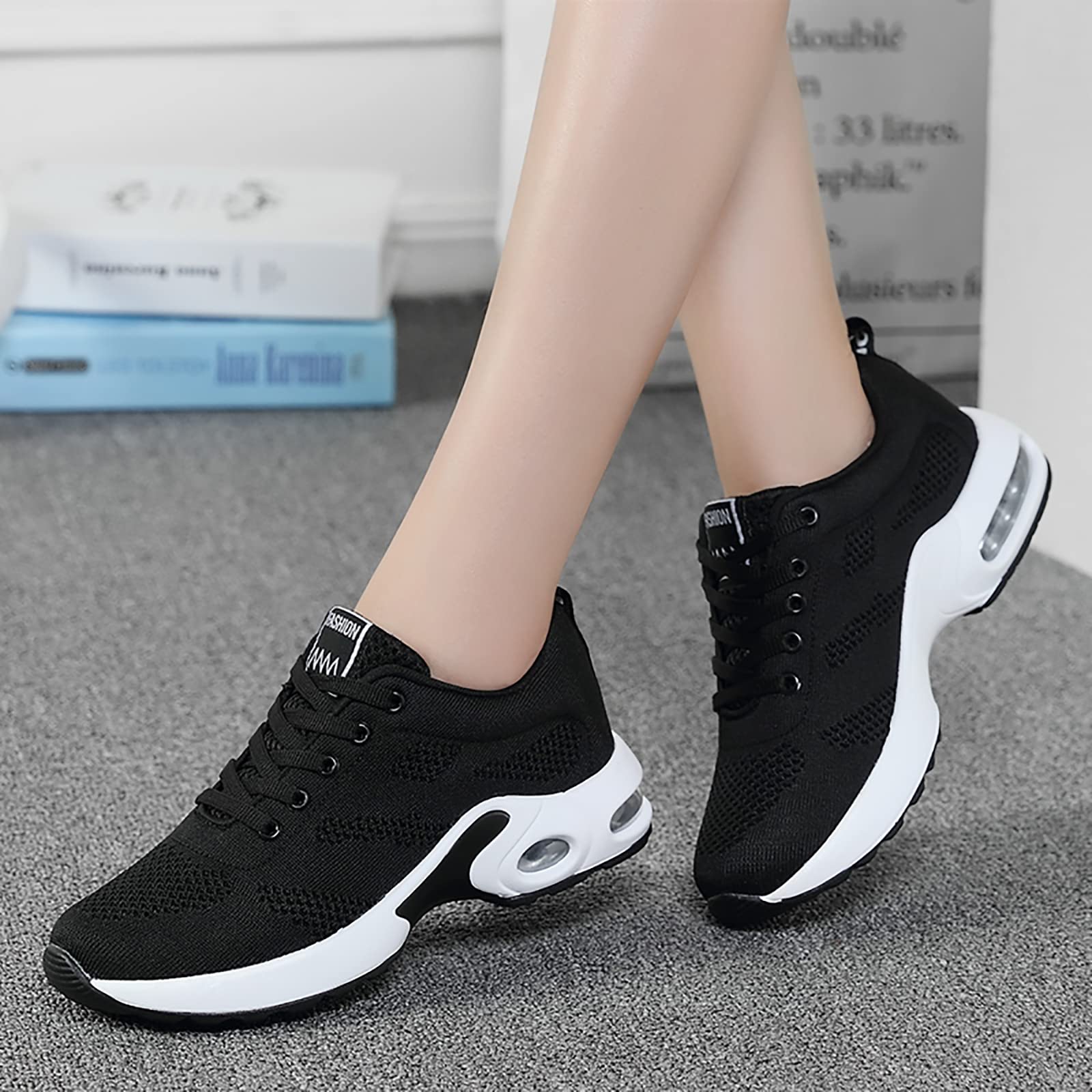 AIRAVATA Air Cushion Road Running Shoes Fashion Women's Sneakers Ladies Outdoor Sports Shoes Breathable Lightweight, Black Size 8.5 - Inner Length 24.5cm