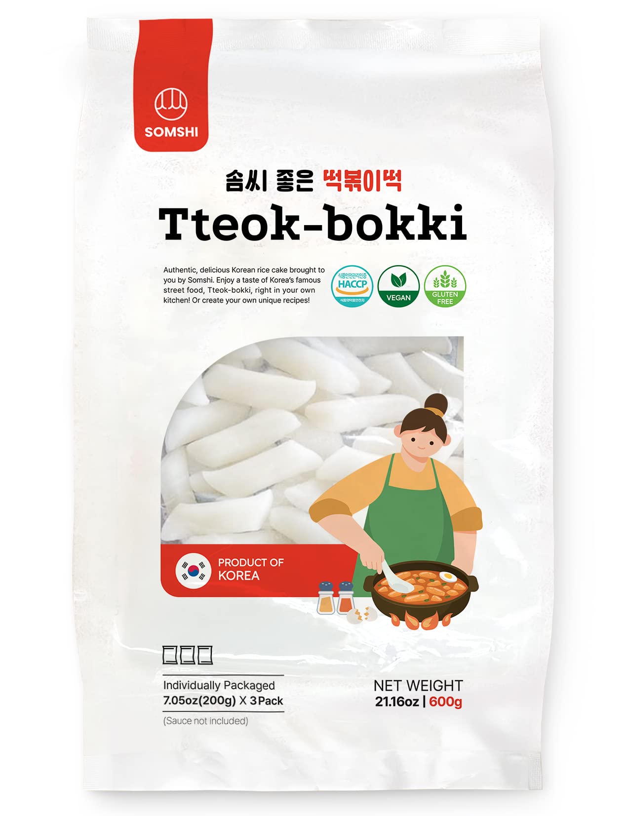 Korean Rice Cake Tteokbokki Stick, Vegan Non-GMO Gluten-Free Tteok Pre-sliced 떡볶이 21.16 oz by Somshi - 3 Individual Packs (3 Count, Pack of 1)