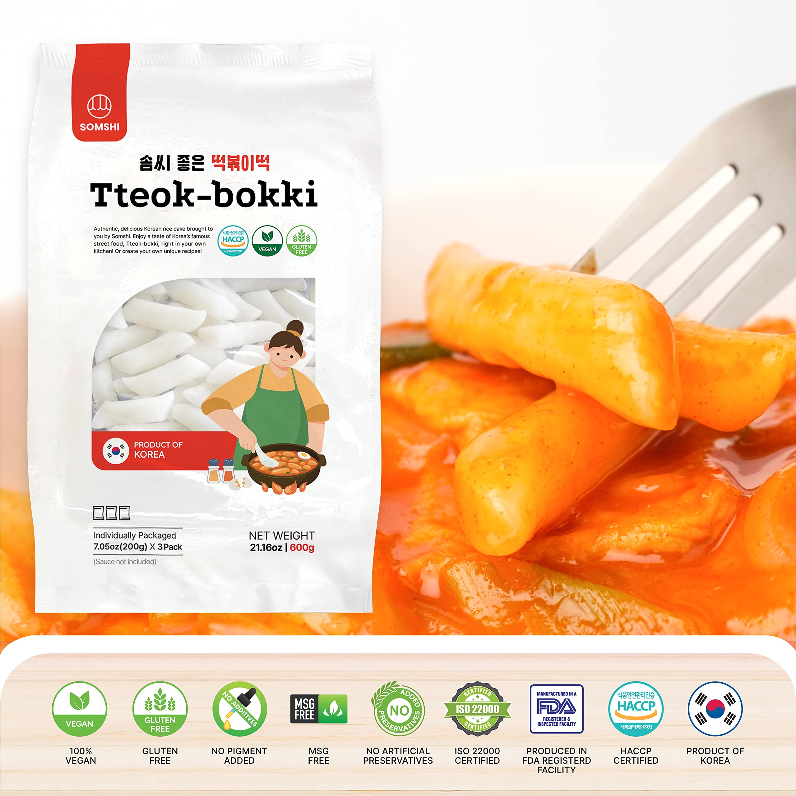 Korean Rice Cake Tteokbokki Stick, Vegan Non-GMO Gluten-Free Tteok Pre-sliced 떡볶이 21.16 oz by Somshi - 3 Individual Packs (3 Count, Pack of 1)