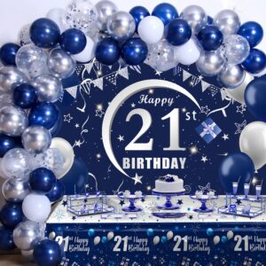 21st birthday decorations for him/her,blue birthday decorations for boys men party supplies including happy birthday backdrop tablecloth for birthday party decor,21st bday decorations for women girls