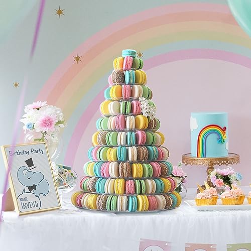 Frigatebird 10 Tier Macaron Tower Display Stand, Clear Round Macaron Tower Tray Macaron Display Shelf Rack and Plastic Cake Dessert Stand for Christmas Wedding Birthday Party Decor