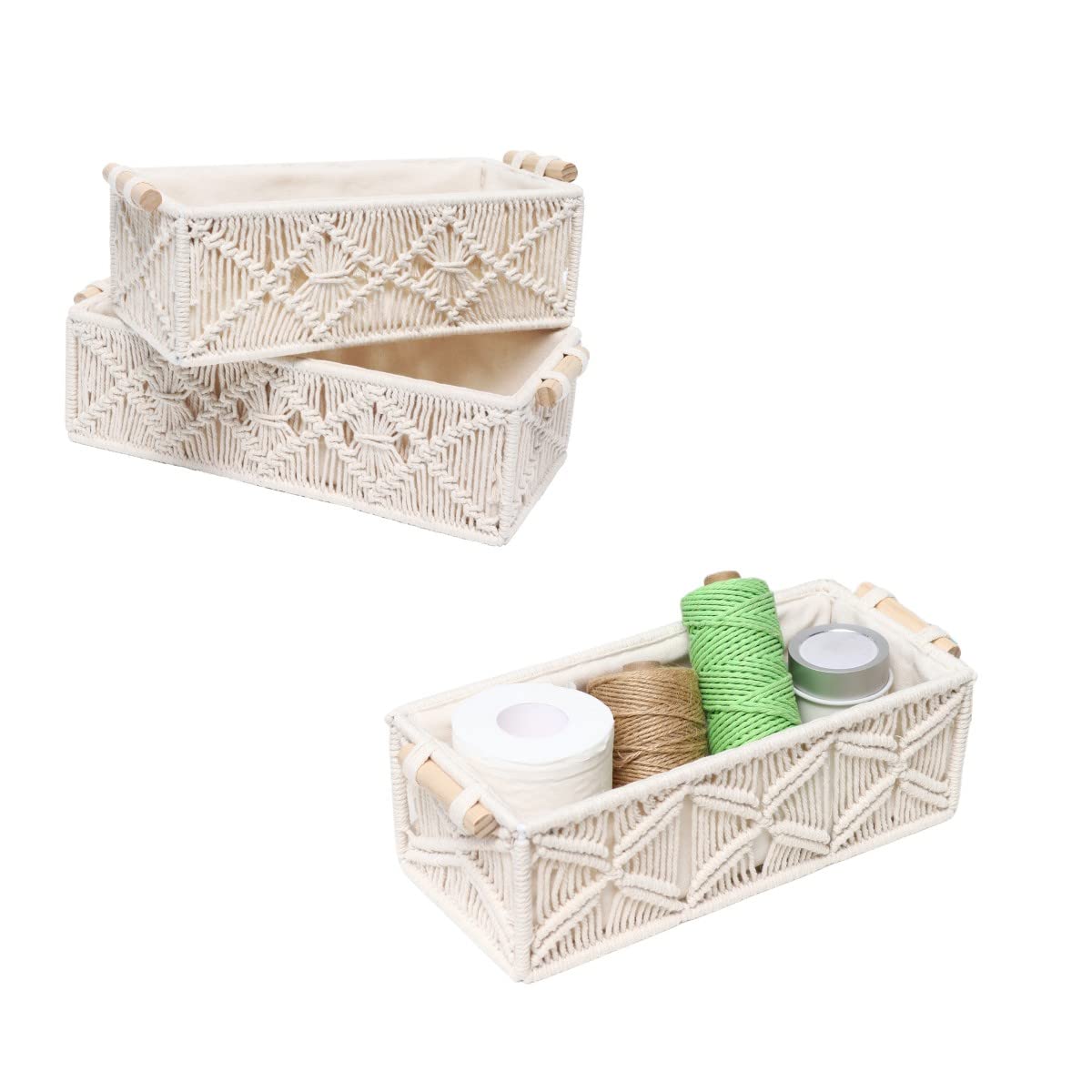 Storage Baskets Boho Decor Box Handmade Woven Decorative Countertop Toilet Tank Shelf Cabinet Organizer for Bedroom Nursery Livingroom Home, Set of 2, Ivory (lozenge)