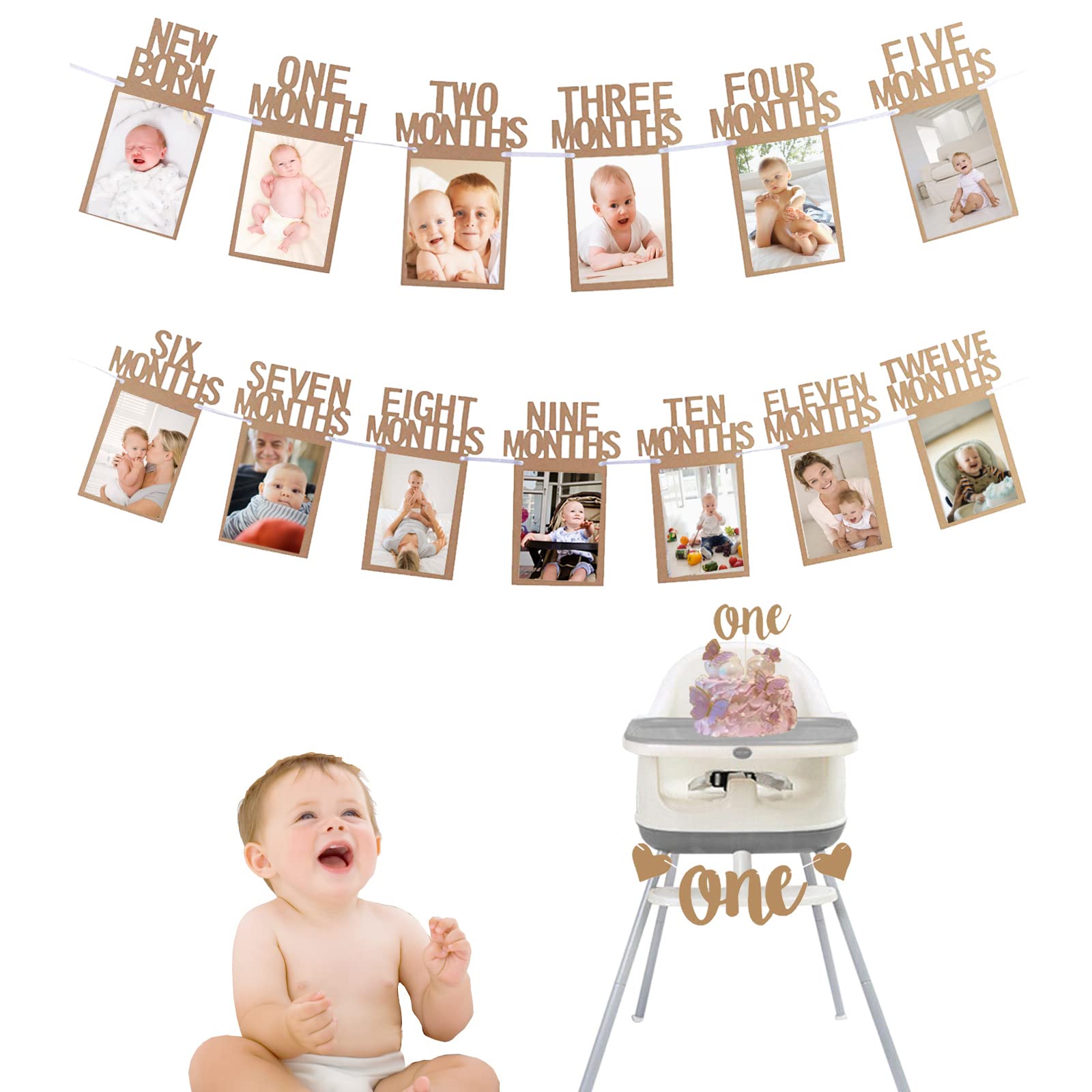 1st Birthday Photo Banner Baby Birthday Decorations Monthly Milestone Photograph Bunting Garland with First Birthday Cake Topper 1st birthday High Chair Banner 1st Birthday Decorations