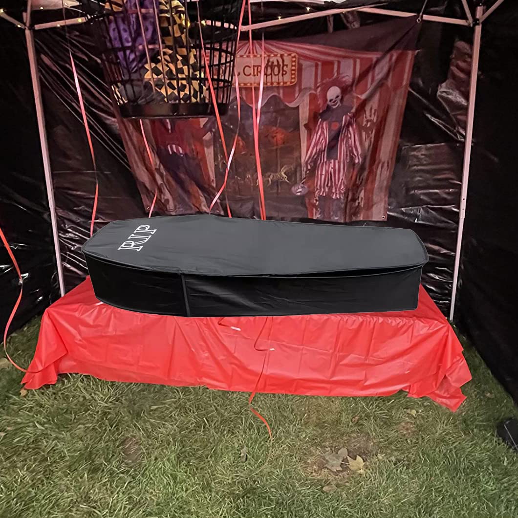 Helloween Pop Up Coffin with Lid, 60 inch Coffin Prop life size Collapsible, Scary Fake Coffin Prop Really Size for Graveyard, Halloween Cemetery decorations Outdoor, Lawn, Party, Haunted House