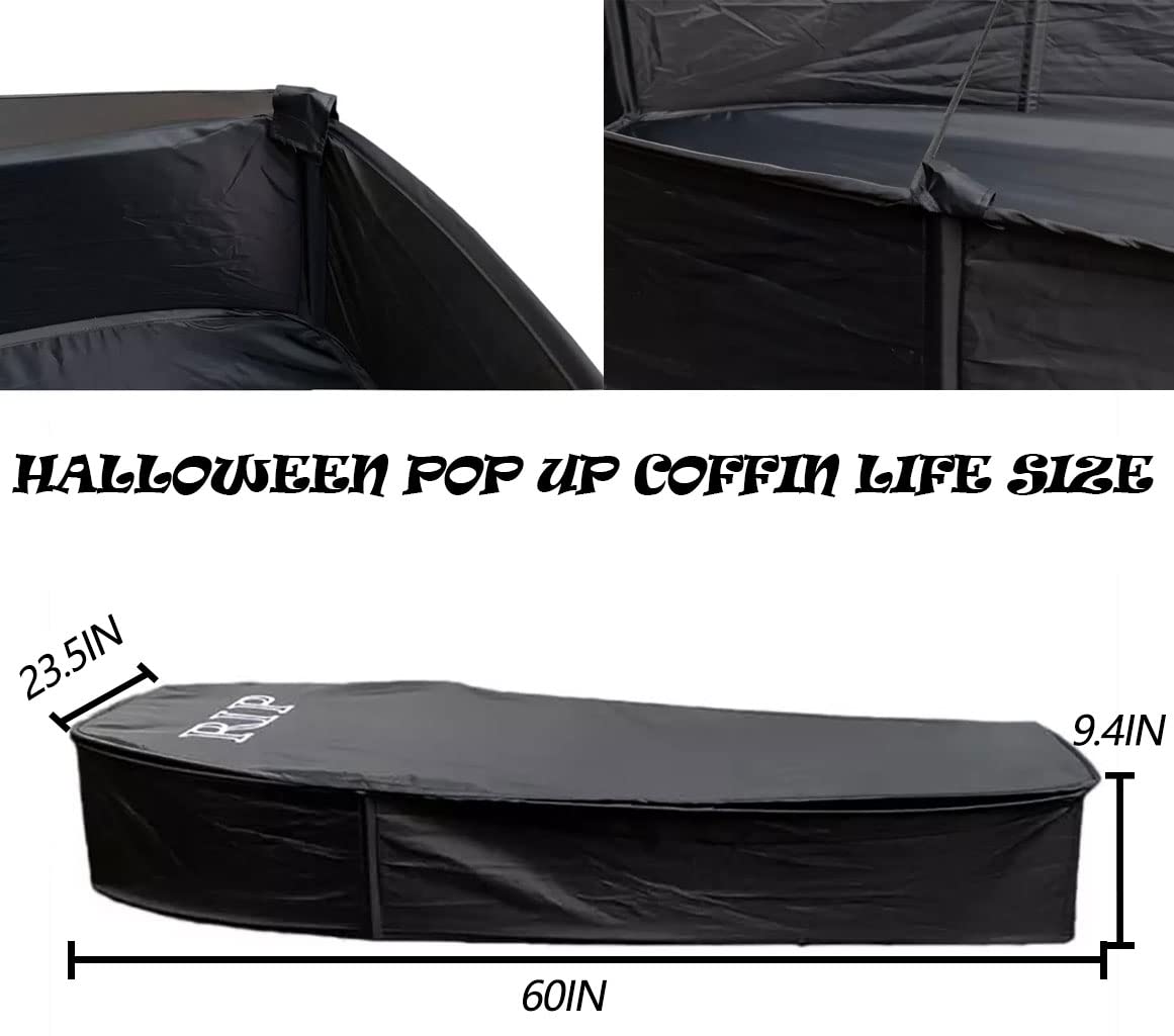 Helloween Pop Up Coffin with Lid, 60 inch Coffin Prop life size Collapsible, Scary Fake Coffin Prop Really Size for Graveyard, Halloween Cemetery decorations Outdoor, Lawn, Party, Haunted House